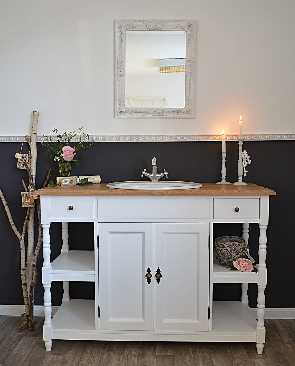 "Elouen" großer, offener Landhaus-Waschtisch mit massiver Eichenplatte ...